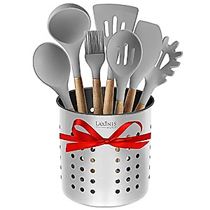 Laxinis World Stainless Steel Kitchen Utensil Holder, Kitchen Caddy, Utensil Organizer, Round Shape Utensils Crock, 5" by 5.3" (utensils not included)