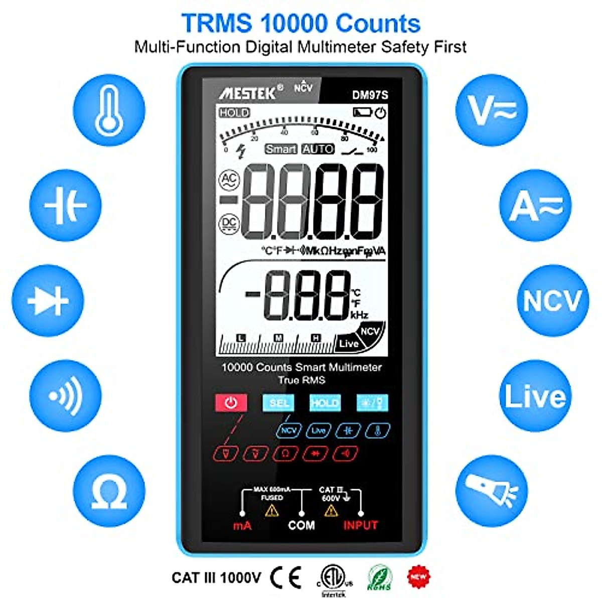 Digital Multimeter Tester MESTEK Smart Voltmeter NCV Testing Auto Range Voltage Tester Measures AC DC Current Volt Ohm Amp Temperature for Electrical Testing & Automotive