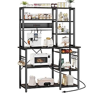 SUPERJARE Large Bakers Rack with Power Outlets, 6-Tier Microwave Stand, Coffee Bar with 12 S-Shaped Hooks, Kitchen Shelf with Wire Basket, 39.3 x 15.5 x 66.9 Inches, Black