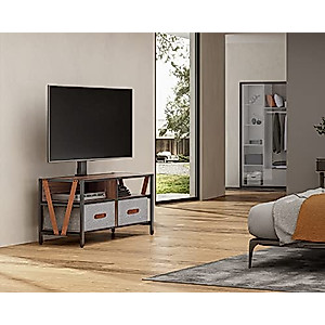 FITUEYES Wood Swivel Floor TV Stand with Mount for 37-75 Inch TVS, Television Stands with Storage for Bedroom - Height Adjustable, Cable Management, Removable Fabric Drawers, VESA 400x600mm, Walnut