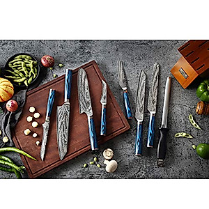 Knife Block Set 9 Pcs Japanese Aus-10 Damascus Steel Chef Knives Set High Carbon Core Stainless Steel Full Tang Chef Knife Set Blue G10 Home Kitchen Professional Knife Block Sets (Blue Round Handel)