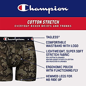 Champion Men's Boxer Briefs, Every Day Comfort Stretch Cotton Moisture-Wicking Underwear, Multi-Pack, Blue White Script Logo/Black/Red-3 Pack, Medium