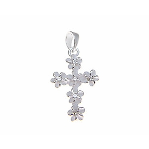 Arthur's Jewelry 925 Sterling silver Hawaiian plumeria flower cross pendant clear cz 11mm small