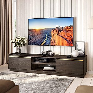 BELLEZE 69" TV Stand for TVs up to 75", Media Entertainment Center with 2-Tier Open Shelves and 2 Storage Cabinets, Wood Console Table for Living Room, Bed Room - Cayden (Brown)