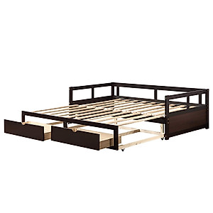 Daybed with Trundle and Drawers, Twin to King Design Sofa Bed,Wooden Extendable Bed Daybed for Bedroom Living Room, Espresso