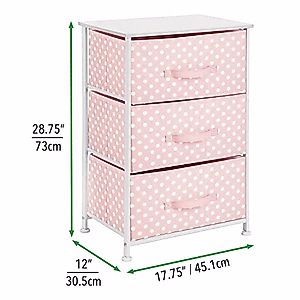 mDesign Storage Dresser End/Side Table Night Stand Tower Unit with 3 Removable Fabric Drawers - Organizer for Baby, Kid, and Teen Bedroom, Nursery, Playroom, or Dorm, Pink/White Polka Dot
