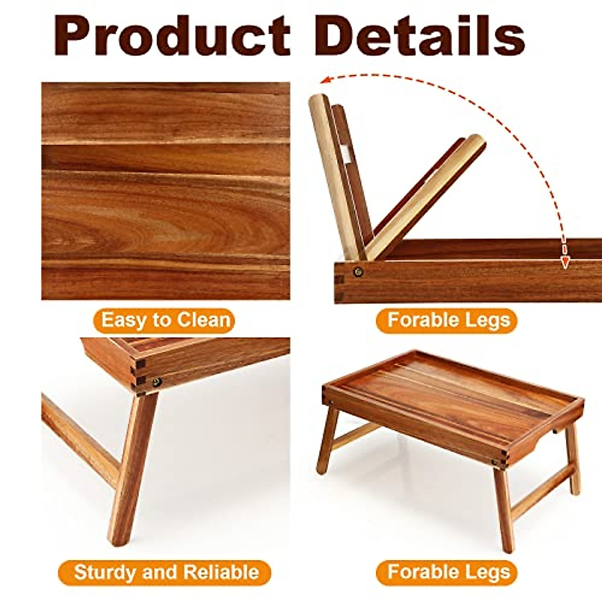 3 Pcs Acacia Bed Table Tray with Folding Legs and Handles Wooden Breakfast Tray Lap Snack Serving Tray Wood Laptop Desk for Eating Drawing Working Studying Dinner Bedroom Sofa Couch Kids Adults