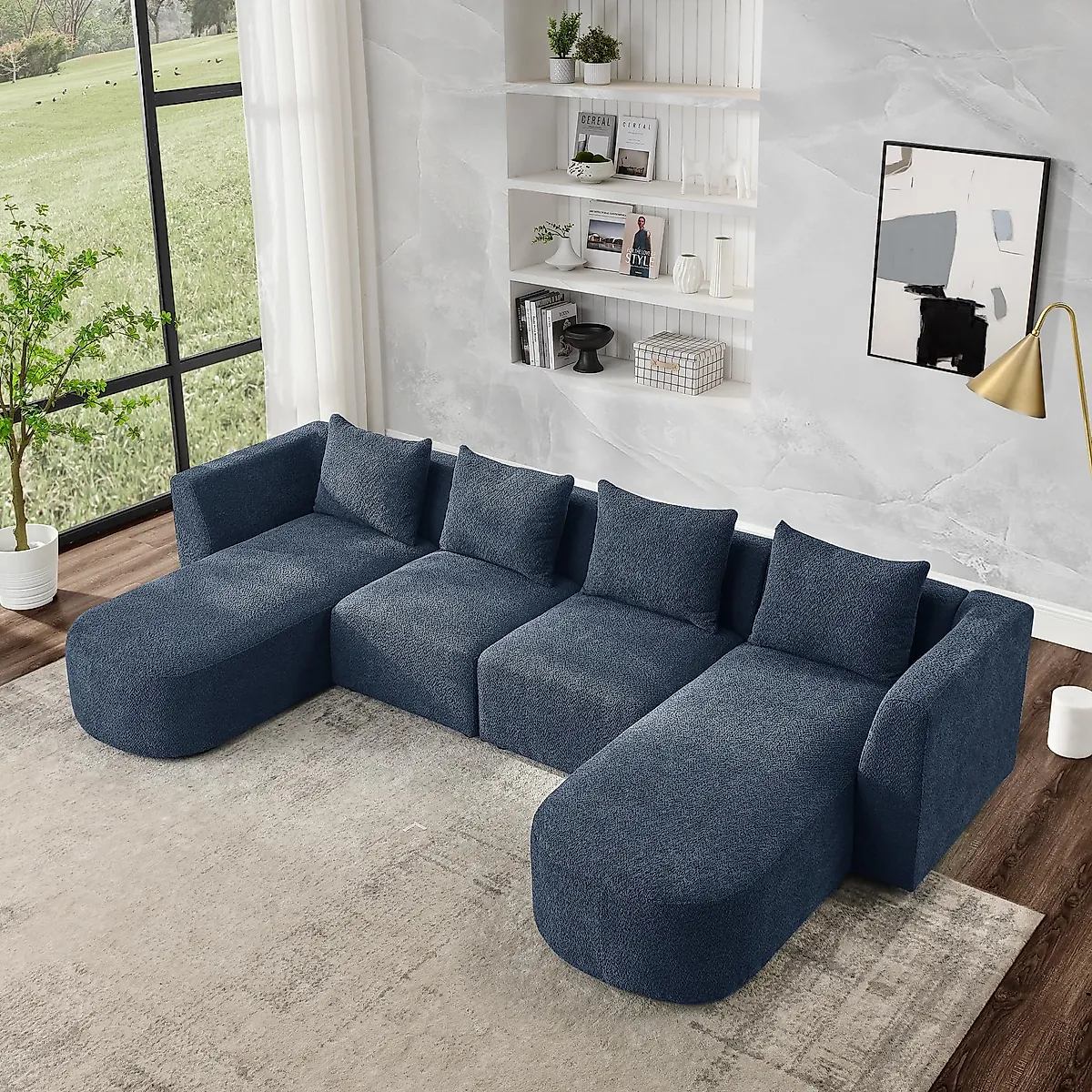 DEINPPA U Shape Modular Sectional Sofa, Minimalist Style Modular Couch, 4 Seat Cushion Couch with 4 Pillows for Living Room/Apartment, Bouclé Fabric, Navy Blue