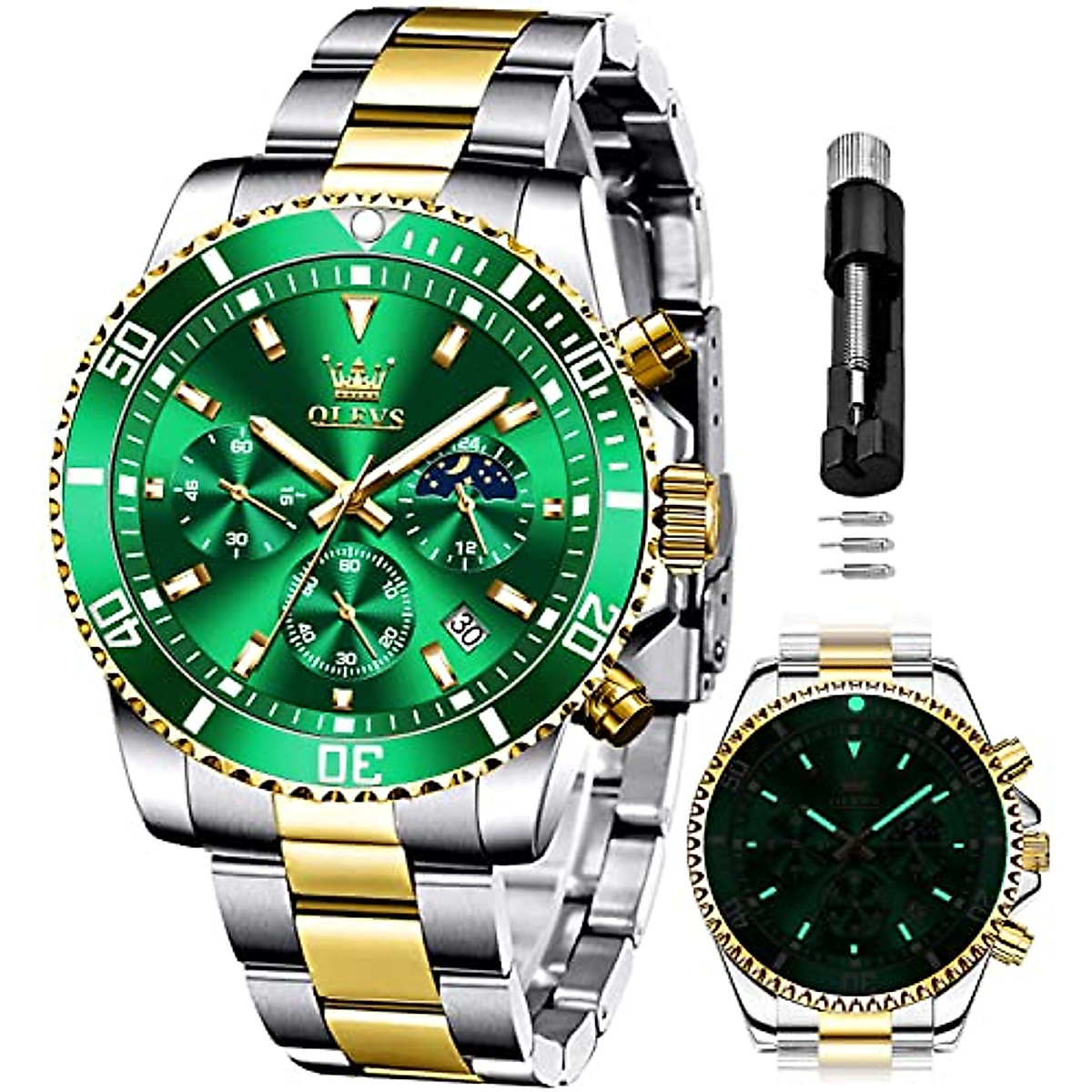 OLEVS Mens Watches Green Chronograph Luxury Dress Moon Phase Quartz Stainless Steel Waterproof Luminous Business Calendar Wrist Watch