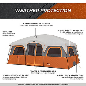 CORE 12 Person Tent | Large Multi Room Camping Tent for Outdoor Family Camping | Portable Cabin Stand Up Tent with Storage Pockets for Camping Accessories, 16ft x 11ft