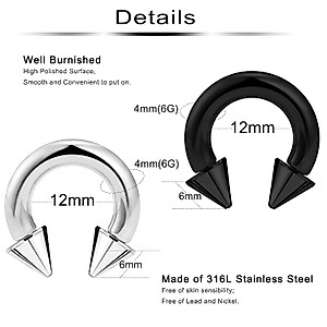 Ftovosyo PA Ring Internally Threaded Circular Horseshoe Barbells Spike Large Septum Ring Ear Gauges Earrings 6G 4mm 12mm 1/2" 316L Surgical Steel Body Piercing Jewelry for Women Men