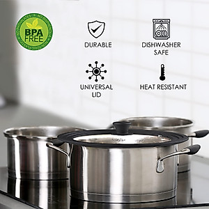 Houseables Universal Pot Lid, Pan Cover, Silicone, Tempered Glass, Black, Fits 10", 11", 12", 4mm Thick, Vented, Replacement Top for Crockpot, Cast Iron Skillet, Heat Resistant Handle, Dishwasher Safe