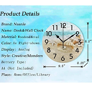 Naanle 3D Beautiful Summer Beach Shell Pearl Starfish Print Round Wall Clock Decorative, 9.5 Inch Battery Operated Quartz Analog Quiet Desk Clock for Home,Office,School