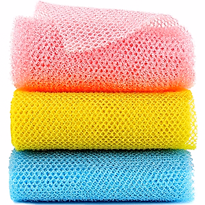 African Net Sponge Long Net Bath Sponge Exfoliating Shower Body Scrubber Back Scrubber Skin Smoother Body Exfoliating Cloth Nylon Bathing Scrubber for Men Women for Daily Use (Lake Blue Pink Yellow)