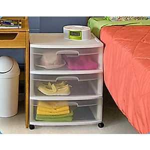 Sterilite Wide 3 Drawer Rolling Storage Cart Container with Casters For Bedroom, Dorm. and Kitchen, Clear Drawers and White Frame, (2 Pack)