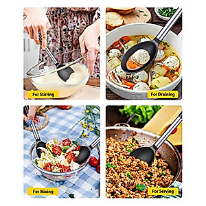 Pack of 2 Large Silicone Cooking Spoons,Non Stick Solid Basting Spoon,Heat-Resistant Kitchen Utensils for Mixing,Serving,Draining,Stirring (BLACK)