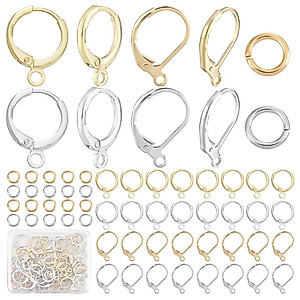 CREATCABIN 2 Colors 48Pcs Leverback Earwires Leverback Earring Hooks Kit 18k Gold Plated Sterling Silver Dangle Earwire Findings with Horizontal Loops Jump Rings for Earring Making Accessories