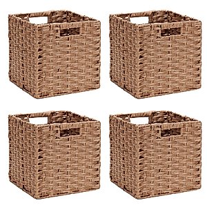 DULLEMELO Wicker Baskets for Shelves 11x11 Foldable Plastic Woven Cube Storage Bins Set of 4 Waterproof Woven Storage Bins with Handles for Pantry,Closet, Cabinet, Toys - Brown