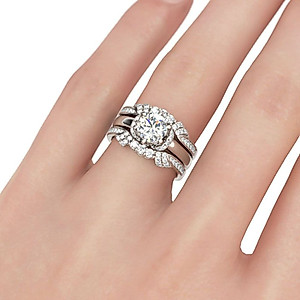 Jeulia 3PC Ladies Classic Round Cut Sterling Silver Rings Set Engagement Anniversary Wedding Band Ring Set With Jewelry Gift Box for Women (5.5)