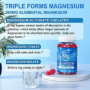 Sugar Free Magnesium Gummies, Triple Magnesium Supplement | Magnesium Glycinate, Malate, Citrate w/ D3 B6 B12, 260mg Chelated for High Absorption, for Calm, Sleep, Mood & Muscle Cramp, Vegan, 2 Pack