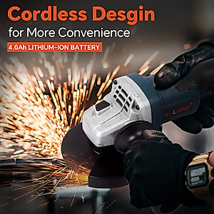 S-LONG Cordless Angle Grinder with 4.0AH Batterie, 20V Power Angle Grinder Tools with Fast Charger, 9000 RPM Brushless Motor Metal Grinder, 4-1/2'' Cutting Wheels, Flap Disc for Cutting