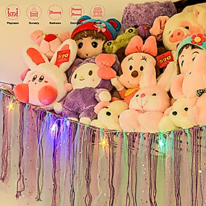 Stuffed Animal Net or Hammock with LED Light, Toy Hammock Hanging Stuffed Animal Storage Organizer Holder Room Décor with Tassels for Nursery Play Room Kids Bedroom (Purple)