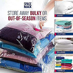 Jumbo 6 Pack | SPACE MAX Premium Space Saver Vacuum Storage Bags - Save 80% More Storage Space - Reusable, Double Zip Seal & Leak Valve, Includes Travel Hand Pump