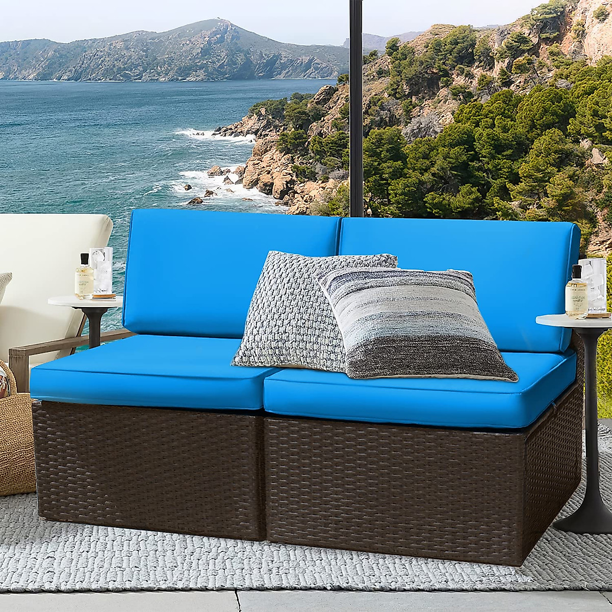 Devoko 2 Pieces Patio Furniture Sets All-Weather Outdoor Sectional Armless Sofa (Blue)