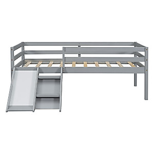 Low Loft Bed with Slide, Twin Size Kids Loft Bed Frame with Climbing Ladder and Safety Guard Rail, Wood Junior Loft Bed for Girls, Boys, Kids, Matte Gray.