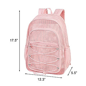 COVAX Heavy Duty Mesh Backpack, See Through College Mesh Backpack, Semi-transparent Mesh Bookbag with Bungee and Comfort Padded Straps for Commuting, Swimming, Beach, Outdoor Sports (Pink)