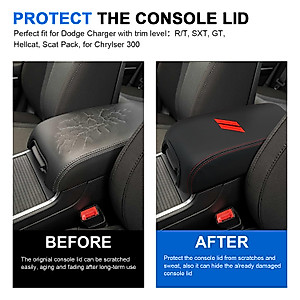 REMOCH for Dodge Charger Accessories 2011-2021 2022 2023 Center Console Cover for Chrysler 300 2015-2022 Leather Armrest Cover Seat Console Box Lid Protector Interior (Red Stitches, Leather)