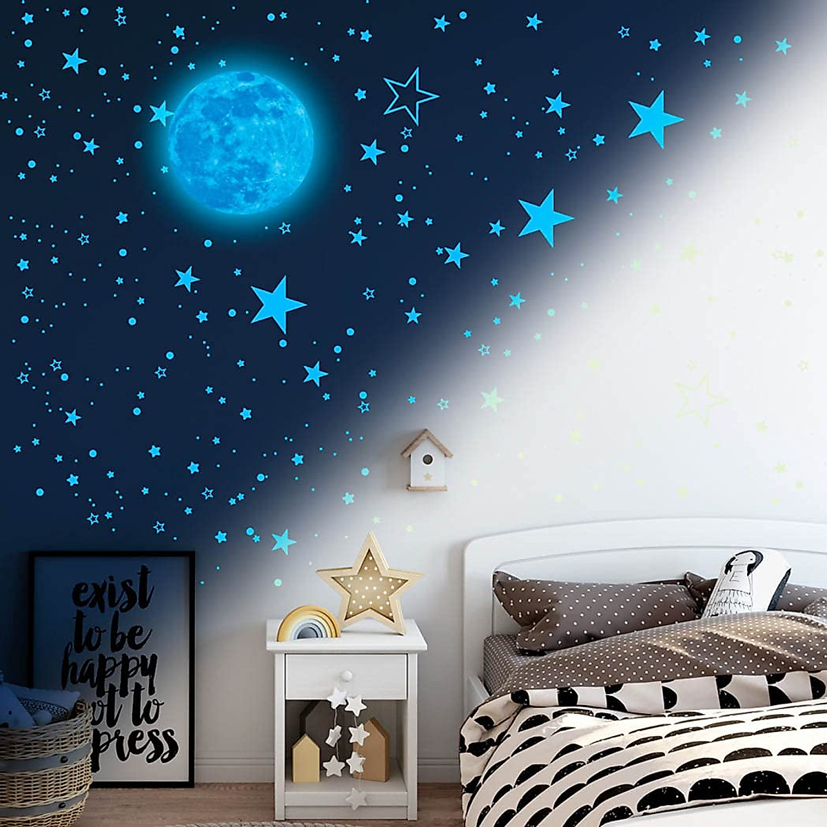 Zeelina Glow in The Dark Stars for Ceiling 1049 Pieces Adhesive Wall Stickers Including Glow Stars and The Moon,Glowing Stars for Ceiling and Wall Decals,Perfect for Kids Bedroom and Kids Birthday