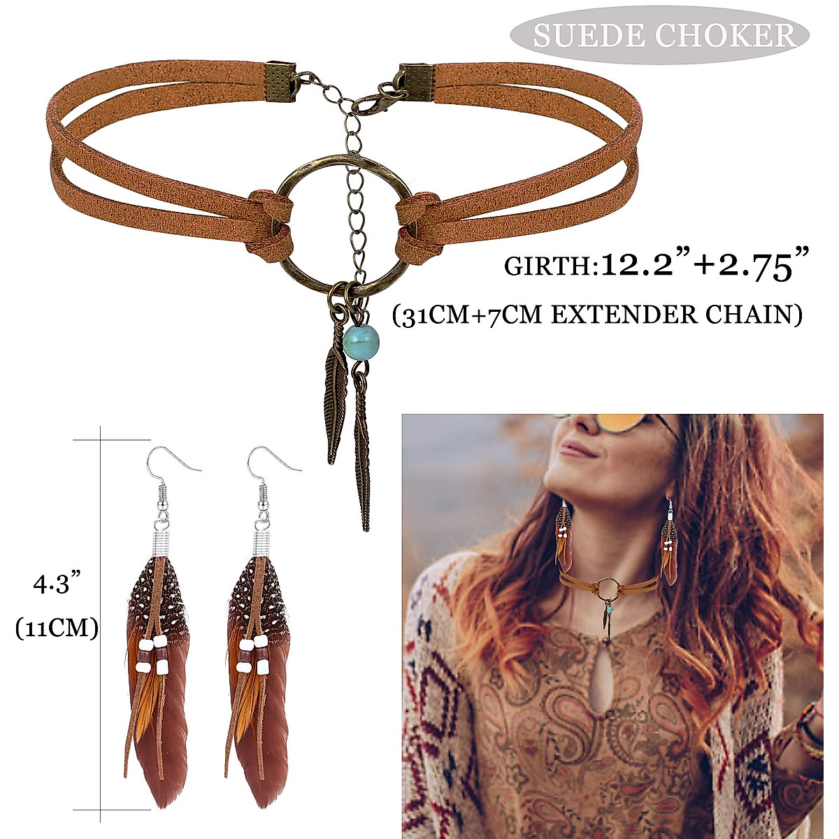 Jstyle Jewelry Set for Women, Feather Headdress Dangle Earrings Leather Suede Choker Necklace Bracelet Hippie Bohemian Retro Jewelry A