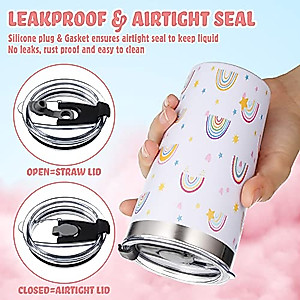Shellwei 2 Pack Kids Cups with Lids and Straws Toddler Smoothie Cup with Rainbow Unicorn Pattern Leak Proof Spill Proof Straw Cups for Girls Stainless Steel Insulated Tumbler for Hot Drink (12 oz)