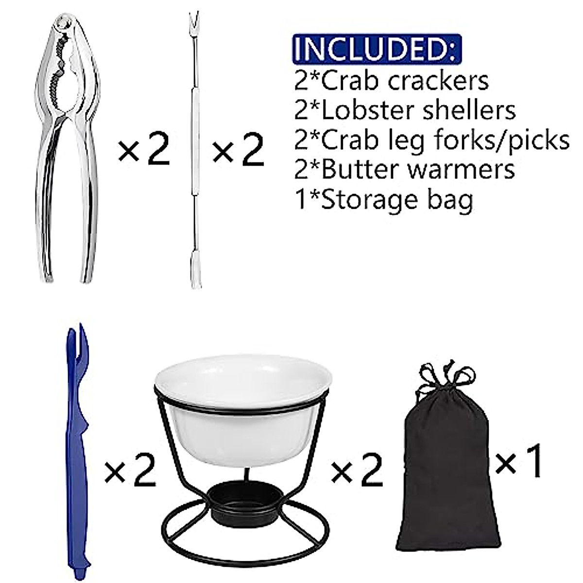 Crab Leg Crackers Tools Set with 2 Crab leg Crackers, 2 Crab Forks, 2 Lobster Shellers, 2 Butter Warmers and 1 Storage bag-Seafood Tools Set （9PCS）