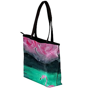 Women's Large Size Canvas Shoulder Bag Hobo Crossbody Handbag Casual Tote, Oil Painting Pink Cloud Flamingo