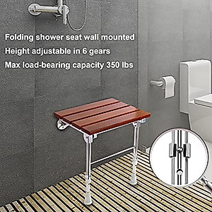 Folding Shower Seat Wall Mounted with Legs, Shower Seat Benches Stool Chair for Inside Shower, Fold Down Shower Seat for Seniors Small Shower Space, Foldable Fold up Waterproof Wood Height Adjustable