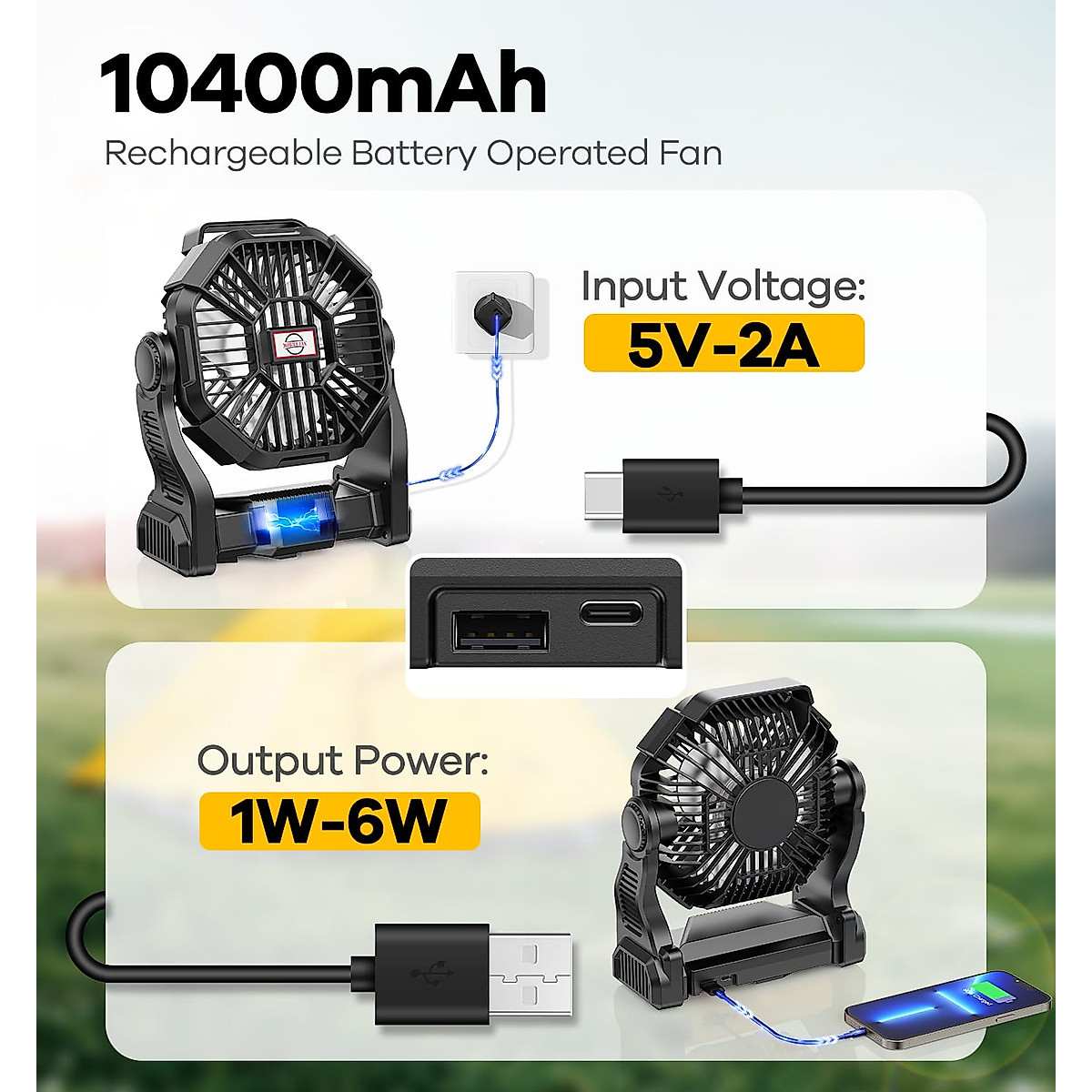 DOWILLDO Camping Fan with LED Lantern, 10400mah Portable Battery Operated Outdoor Fan, Personal Rechargeable Fan for Travel, Hiking, Fishing, Picnic (Black)