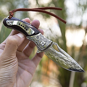 SPIRIT DEED outdoor folding pocket knives with sheath,handmade japanese vg10 damascus steel,rosewood handle,pocket clip for carving camping paring