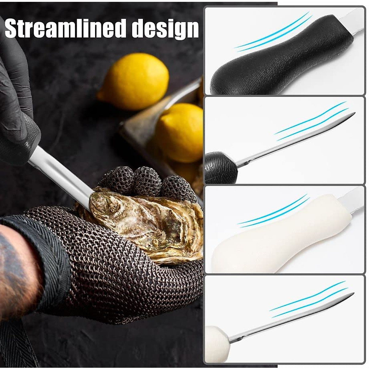 Tiomues Oyster Shucking Knife, with Extra-Long Non-Slip Handle, Professional Oyster Shucker, Seafood Tools Two-Piece Set (Star Black and Pearl White)