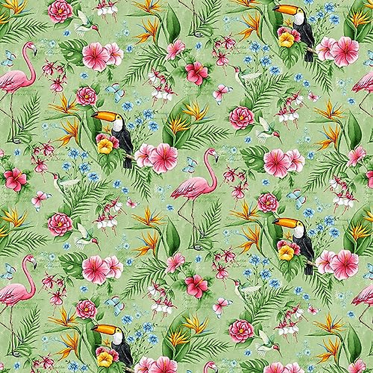 Blank Quilting Tropical Vibes Birds & Flowers Green Cotton Fabric by The Yard