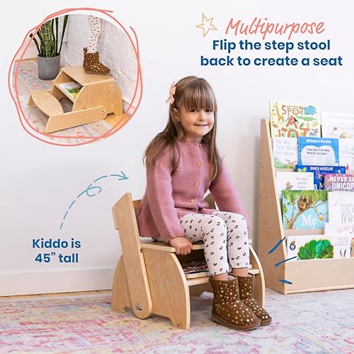 ECR4Kids Flip-Flop Step Stool and Chair, Kids Furniture, Natural