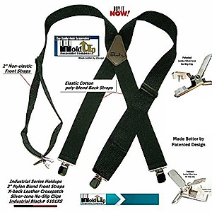 Holdup 2" wide Non-Elastic Industrial Series Black Suspenders for Men with the USA Patented No-Slip Clips