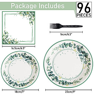 96 Pieces Sage Greenery Party Supplies Tableware Set Eucalyptus Leaf Jungle Theme Party Table Decorations Bridal Baby Shower Safari Birthday Wedding Paper Plates Napkins Forks for 24 Guests