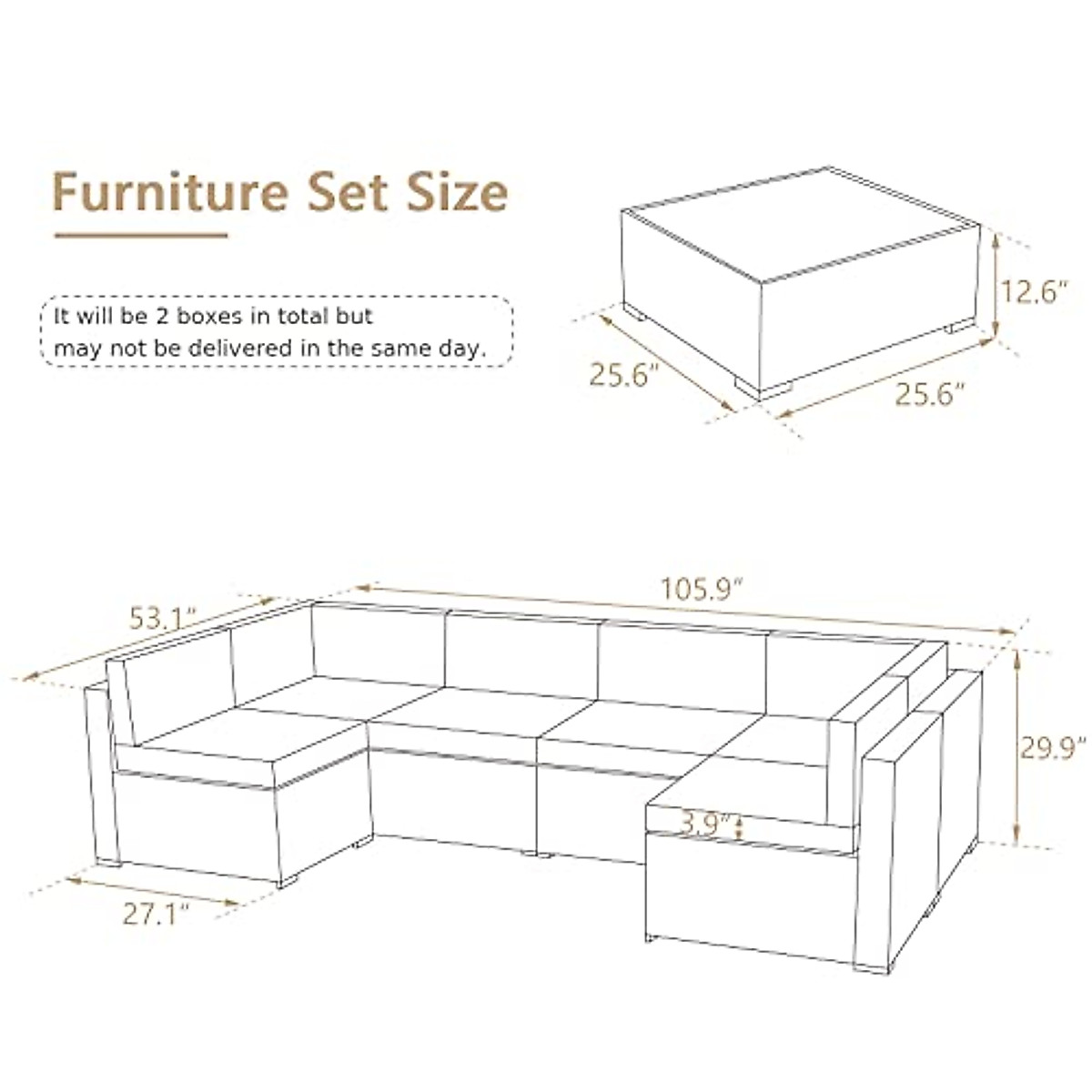 U-MAX 7 Piece Outdoor Patio Furniture Set, PE Rattan Wicker Sofa Set, Outdoor Sectional Furniture Chair Set with Khaki Cushions and Tea Table, Brown