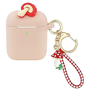 Wonhibo Cute Mushroom Airpod Case, Kawaii Silicone Pastel Pink Cover for Apple Airpods 1st and 2nd Generation with Keychain