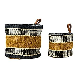 Main + Mesa Woven Jute Baskets with Liner, Black/Mustard, Set of 2 Sizes