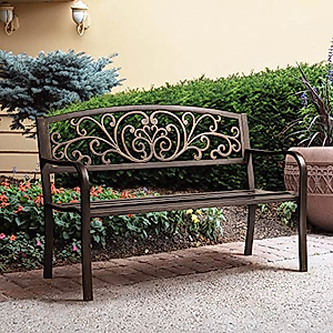 Topeakmart Outdoor Garden Bench Patio Park Iron Metal Frame Bench Outdoor Yard Furniture Clearance w/Backrest, Slatted Seat for Porch, Deck, Entryway, Backyard, Bronze