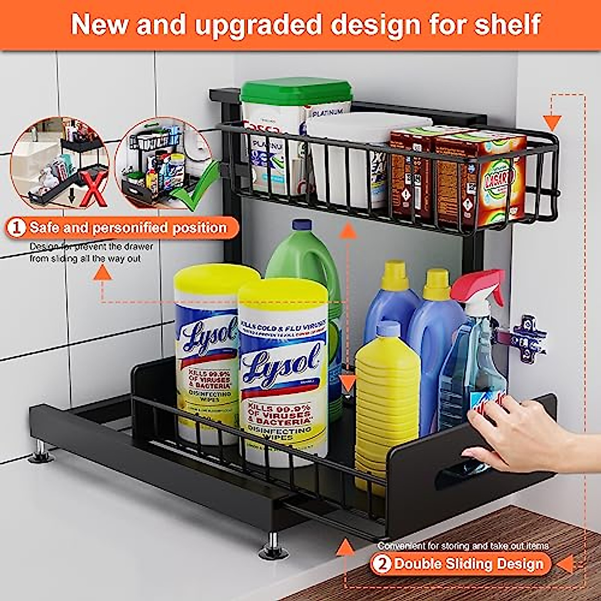Under Sink Organizer And Storage,Pull Out Cabinet Organizer,2-Tier Slide Out Kitchen Basket Sink Shelf Cabinet Organizers,Adjustable L Shape Under Counter Organizers For Bathroom Kitchen Organization