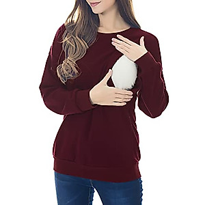 Smallshow Women's Fleece Maternity Nursing Sweatshirt Breastfeeding Tops Large Burgundy